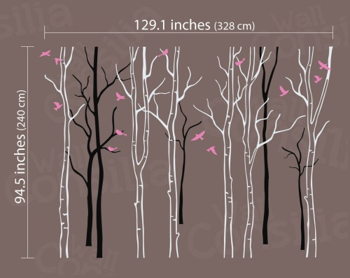 Large set of birch trees with birds - Modern wall decalsWallconsilia.com